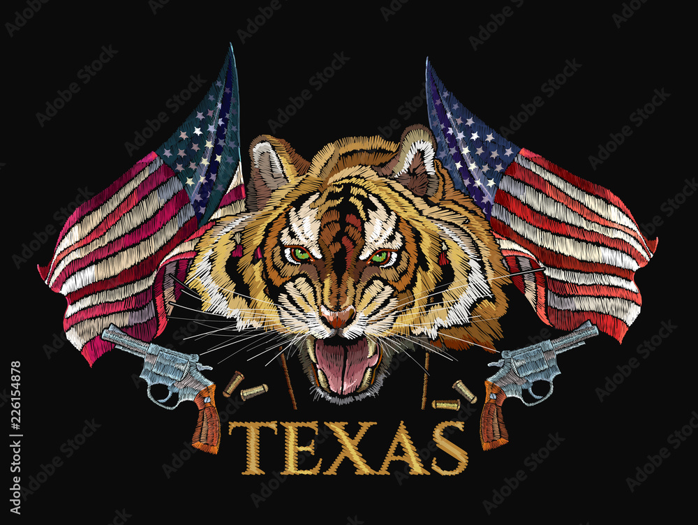 Wild west embroidery tiger head, rippled American flag and old ...