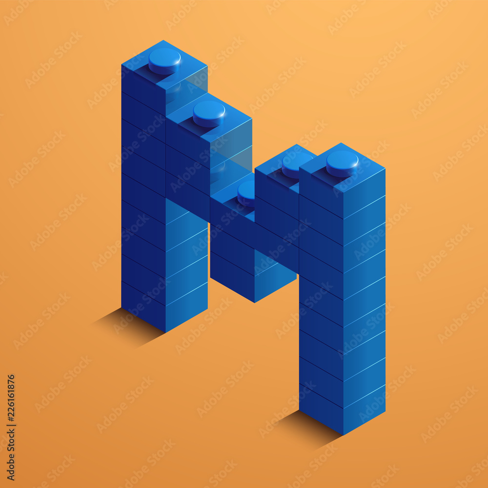 3d isometric letter M of the alphabet from bricks. 3d isometric plastic ...