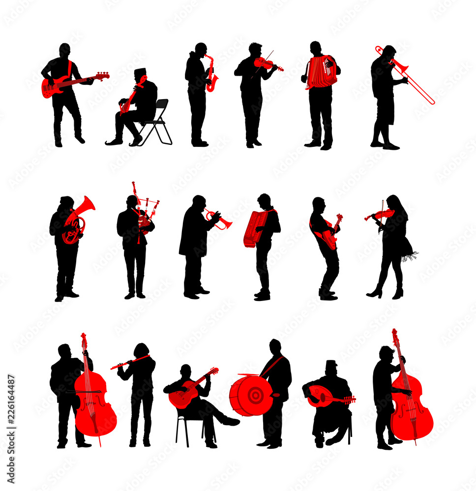 Big set of musician with music instrument silhouette. Guitar player ...