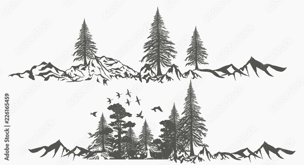 Collection of vector forest borders with mountains for design Stock ...