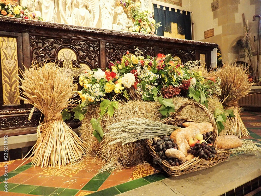 Traditional harvest festival altar in English Anglican church Stock ...