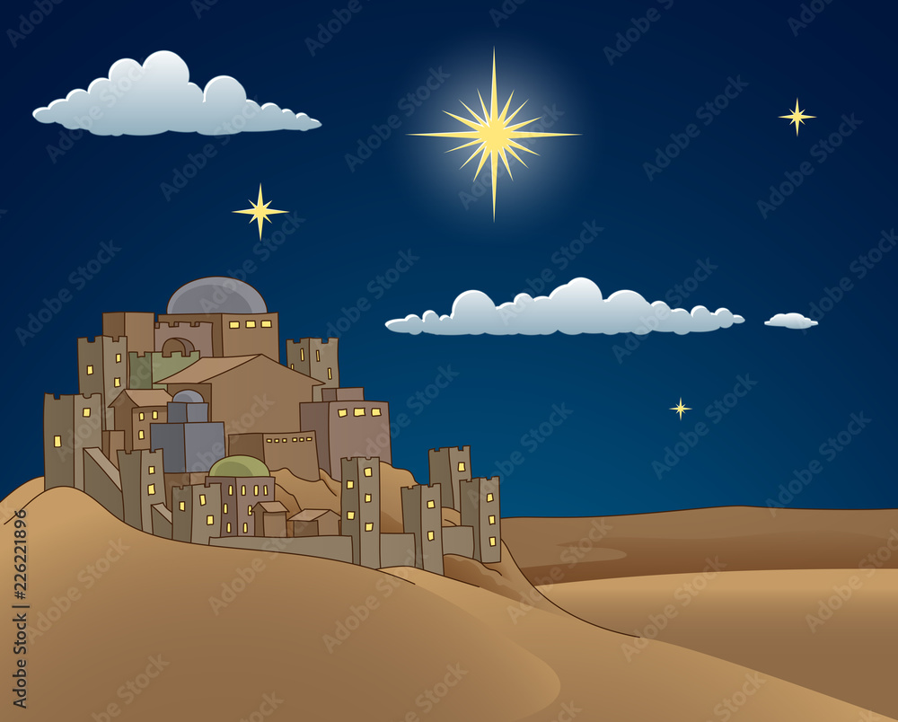 A Christmas nativity scene cartoon, with the City of Bethlehem and the ...