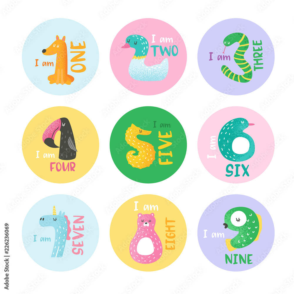 Cute animal numbers from 1 to 9 hand drawn vector illustration for ...