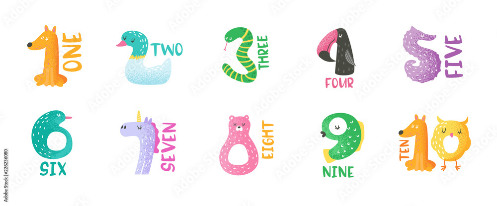 Cute animal numbers from 1 to 9 hand drawn vector illustration for ...