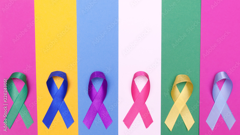 World cancer day background. Colorful ribbons, cancer awareness. multi ...