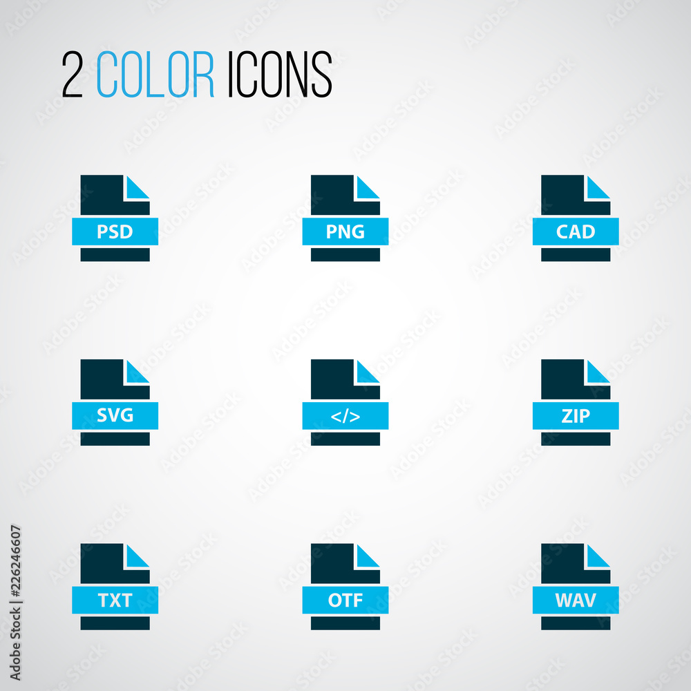 Types icons colored set with file zip, file png, file cad and other ...