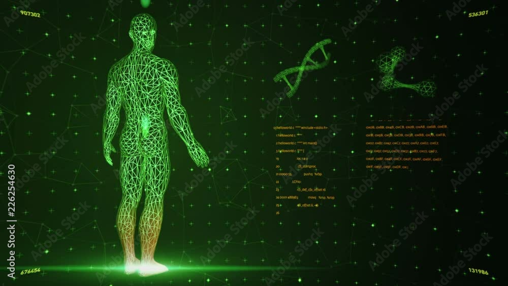 Background with animation of abstract interface. Human body, head ...