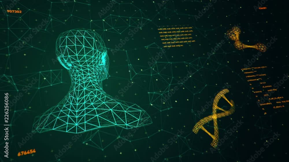 Background with animation of abstract interface. Human body, head ...