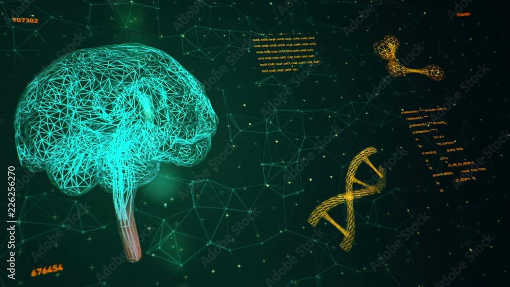 Background with animation of abstract interface. Human body, head ...