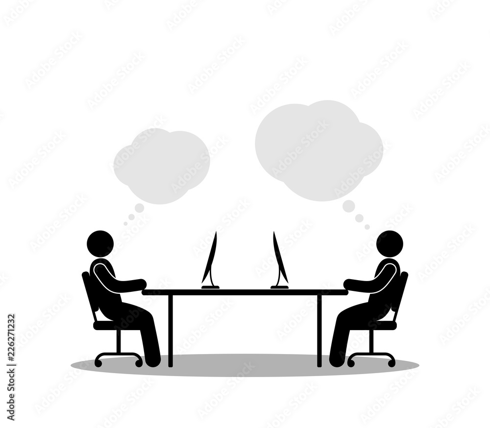 work at the computer, office workers sit at the table, stick figure ...