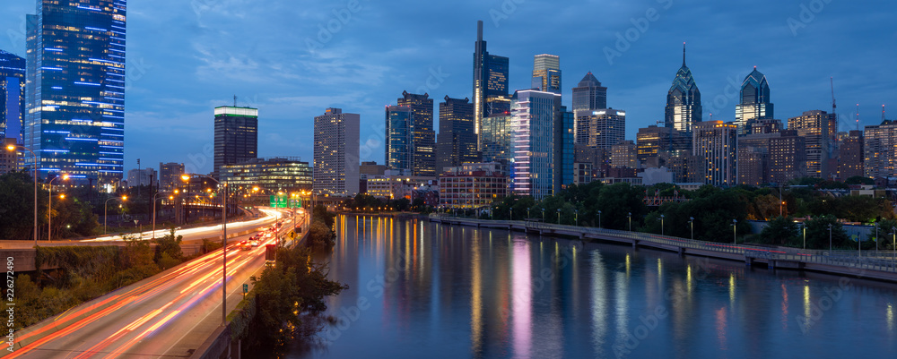 Panorama of Philadelphia skyline at sunset Stock Photo | Adobe Stock