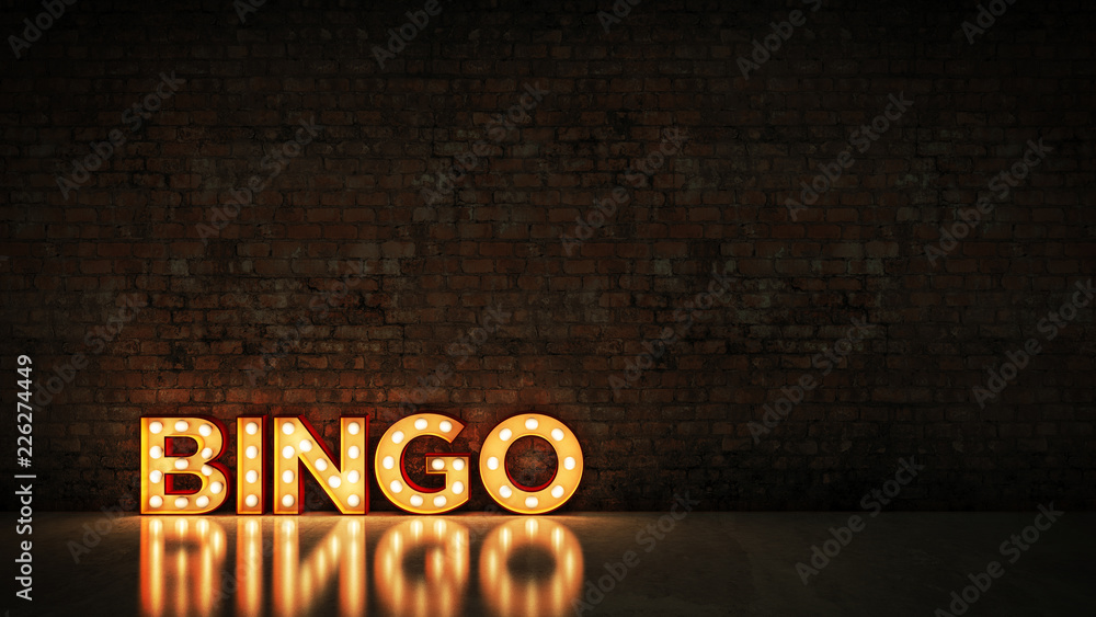 Neon Sign on Brick Wall background - Bingo. 3d rendering Stock ...