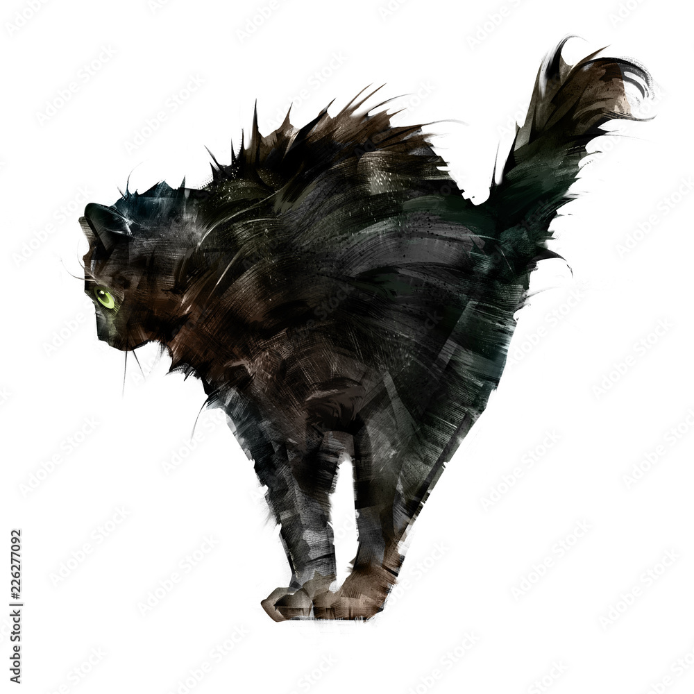 drawn ruffled scary black cat side view on white background Stock ...