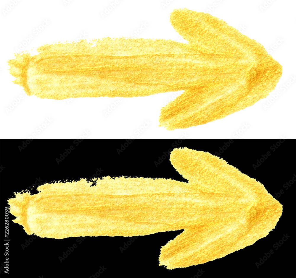 yellow gold smear arrows isolated on black and white backgrounds. hand ...