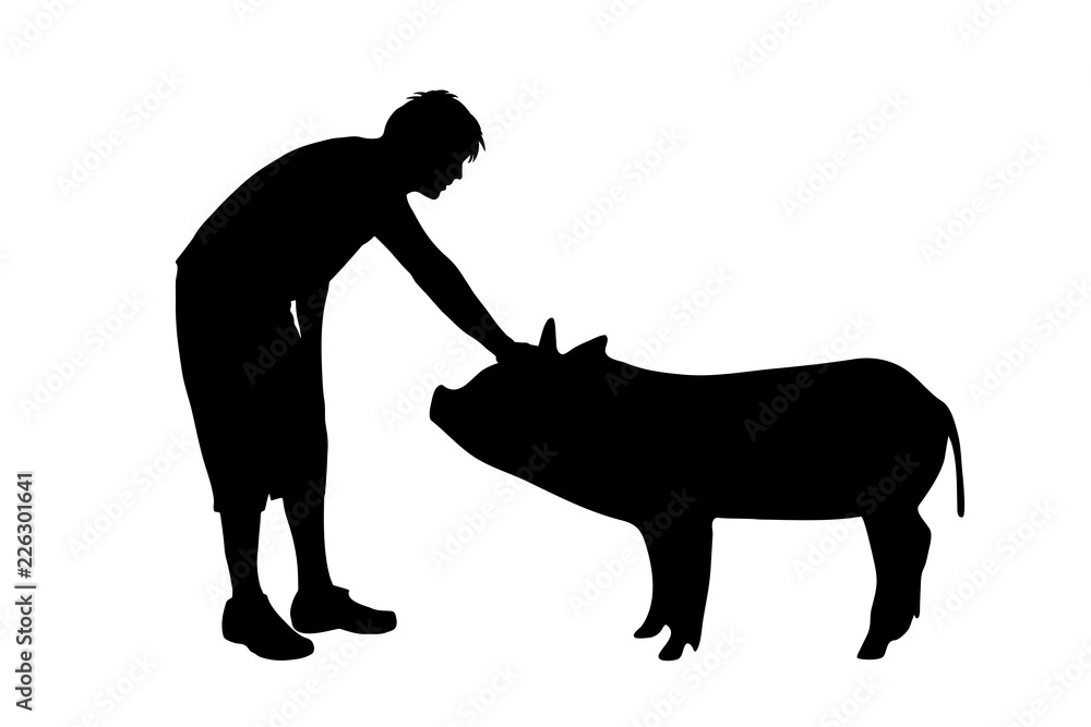 Vector silhouette of man with pig white background. Stock Vector ...