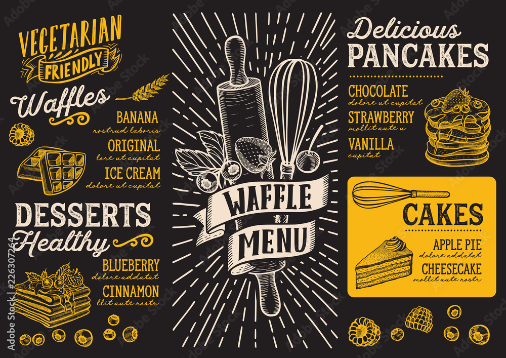 Waffle and pancake menu template for restaurant with doodle hand-drawn ...
