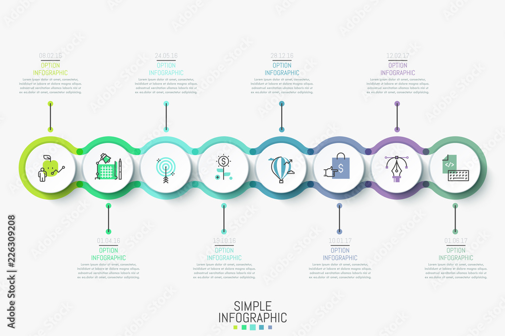 Modern infographic design template. Colorful horizontal timeline with 8 ...