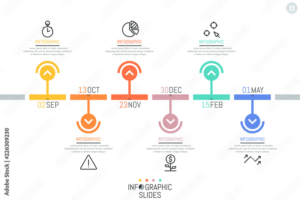 Horizontal timeline, 6 elements with date indication and arrows ...