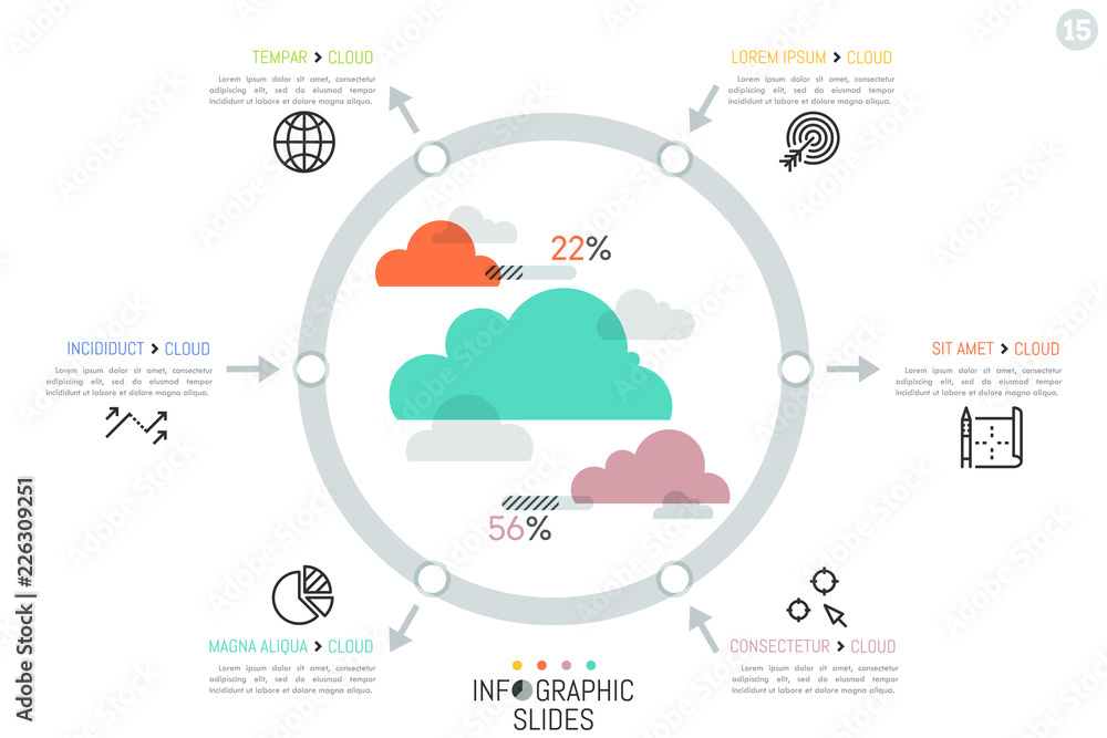 Infographic design template, clouds surrounded by 6 elements connected ...