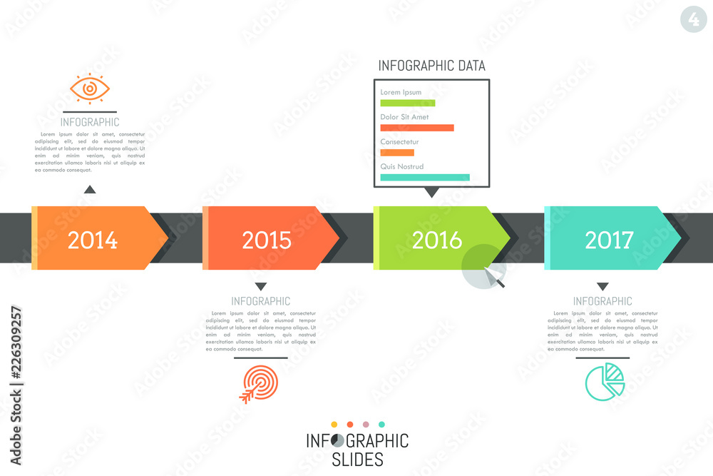 Infographic design layout. Horizontal timeline, 4 elements indicating ...
