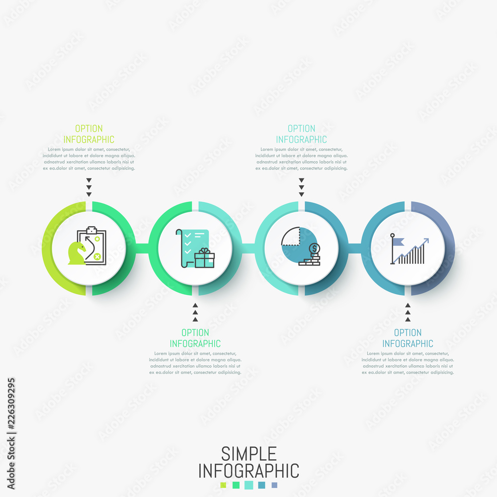 Infographic design layout. Horizontal diagram with 4 round elements ...