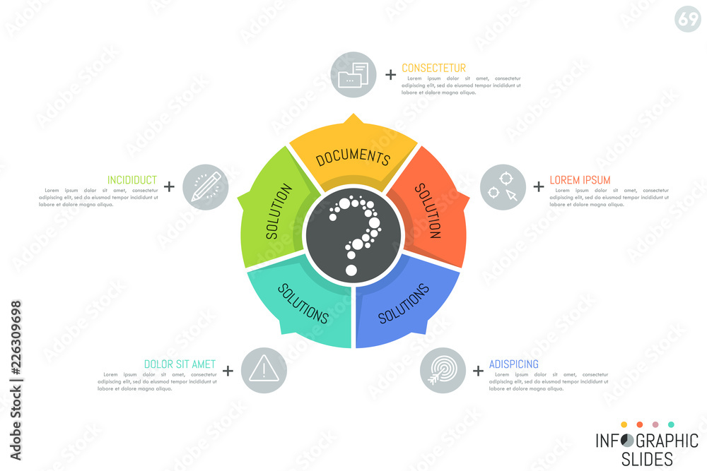 Round diagram divided into 5 multicolored sectoral elements with arrows ...