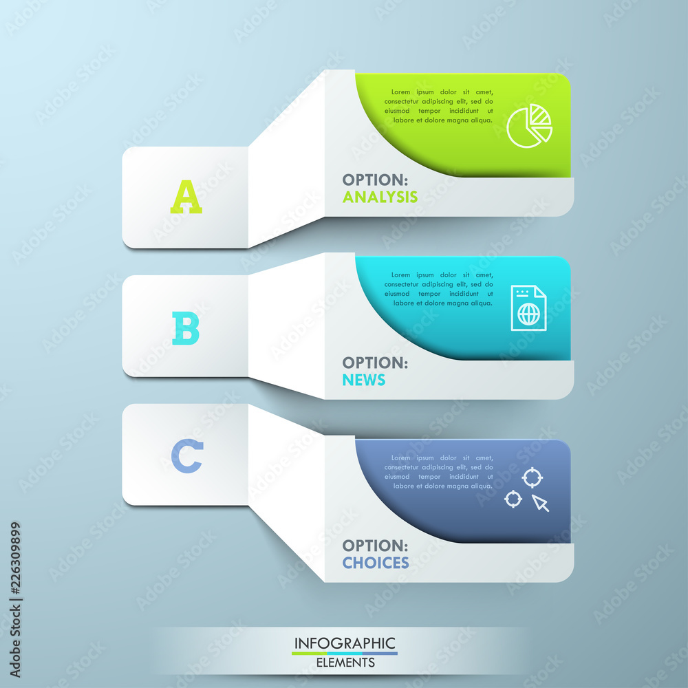 Three lettered paper white elements with pictograms and colorful text ...