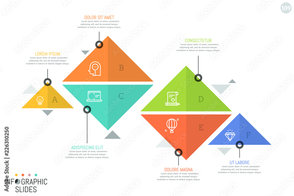 6 lettered triangular elements with linear pictograms inside and text ...