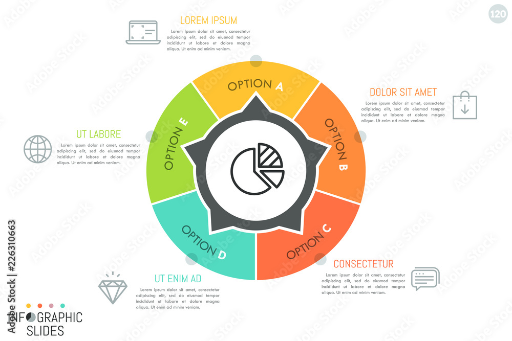 Circular chart divided into 5 pieces with arrows pointing at text boxes ...