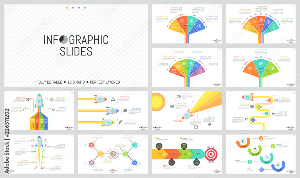 Collection of minimal infographic design templates. Workflow and fan ...