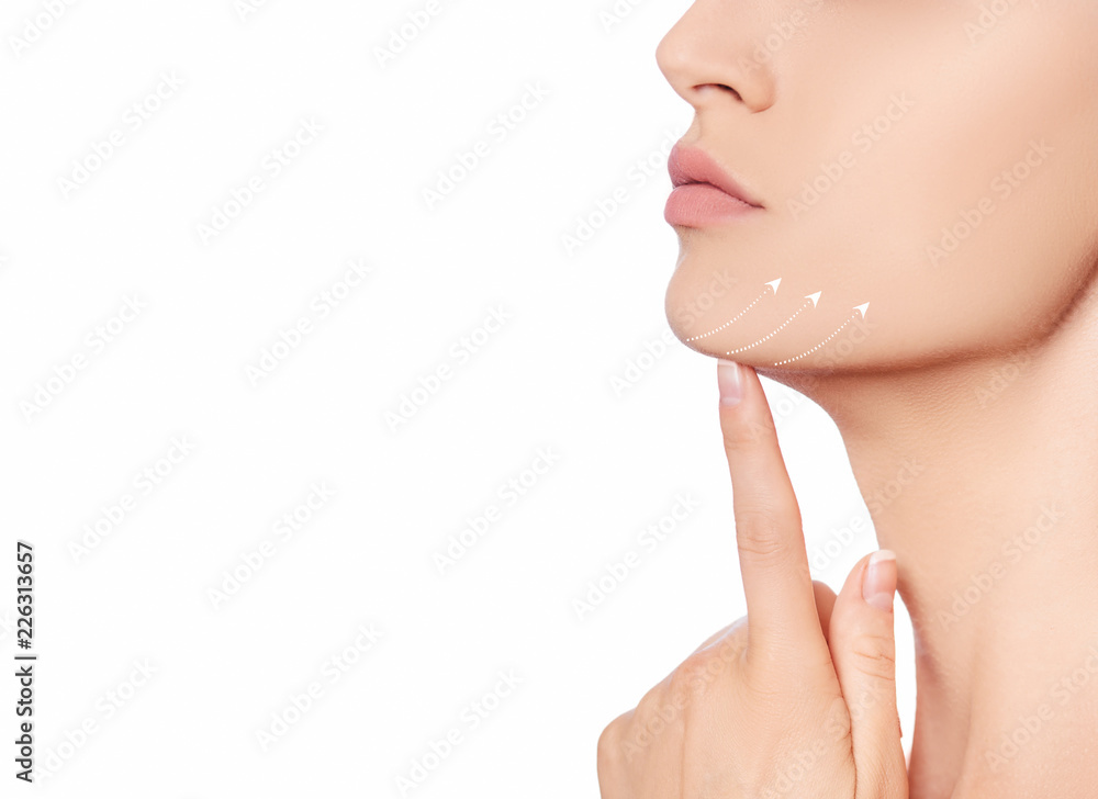 Cropped Face of beautiful woman with perfect skin , with lifting arrows ...