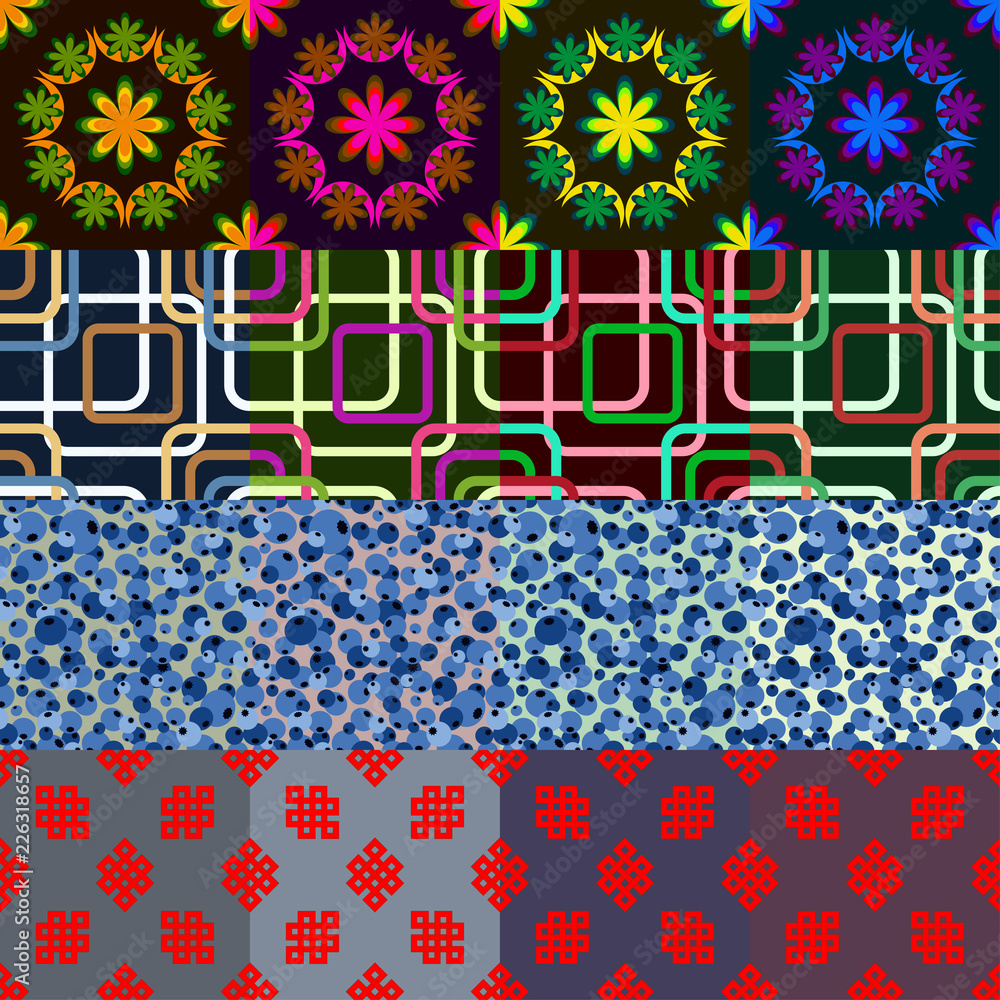 Color patterns set. Vector illustration of a set of 16 patterns. Four ...