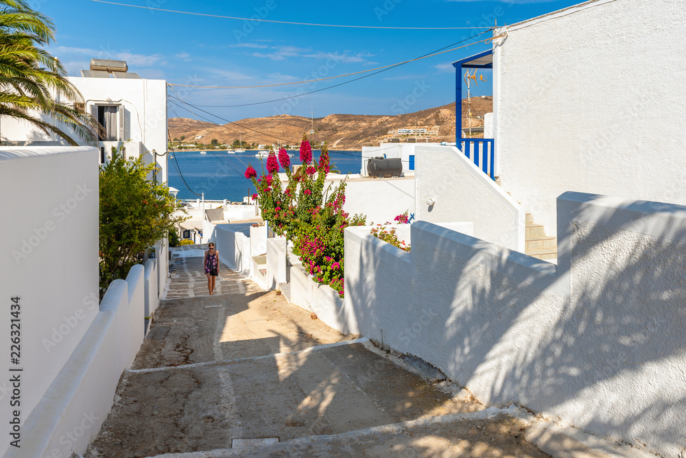 Beautiful whitewashed Greek architecture with summer flowers in sunny ...