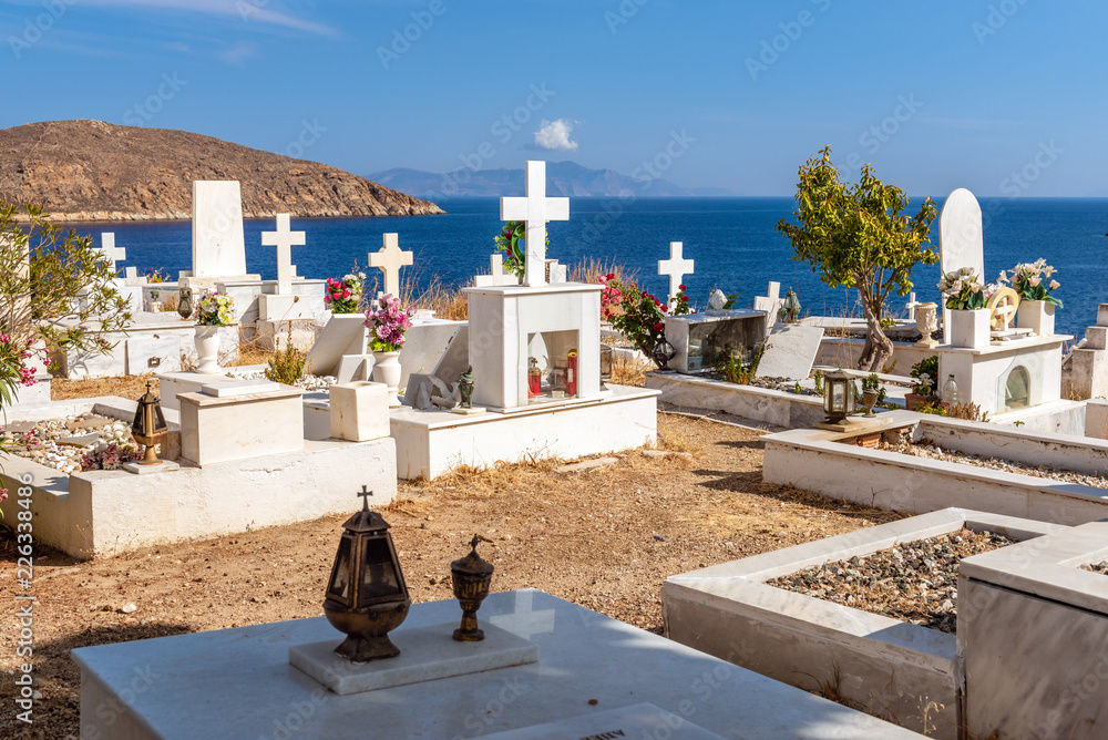 Greek cemetery with a view of the sea on the island of Serifos. Greece ...