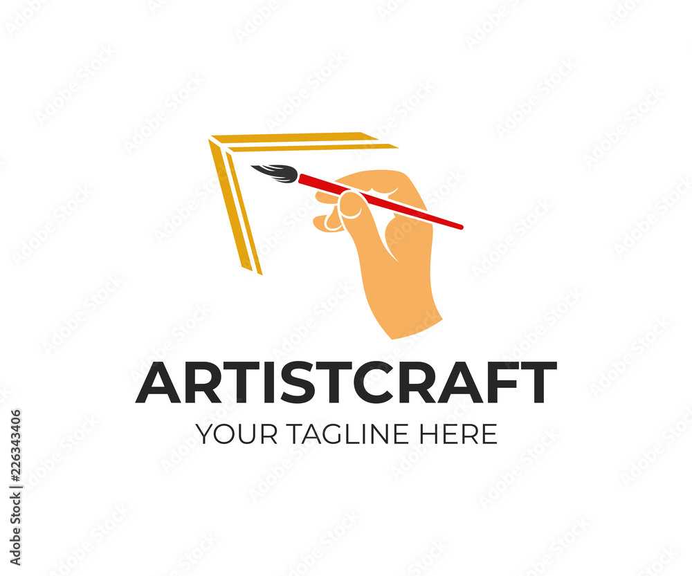 Hand holds an art brush, artist paints picture, logo design. Drawing ...
