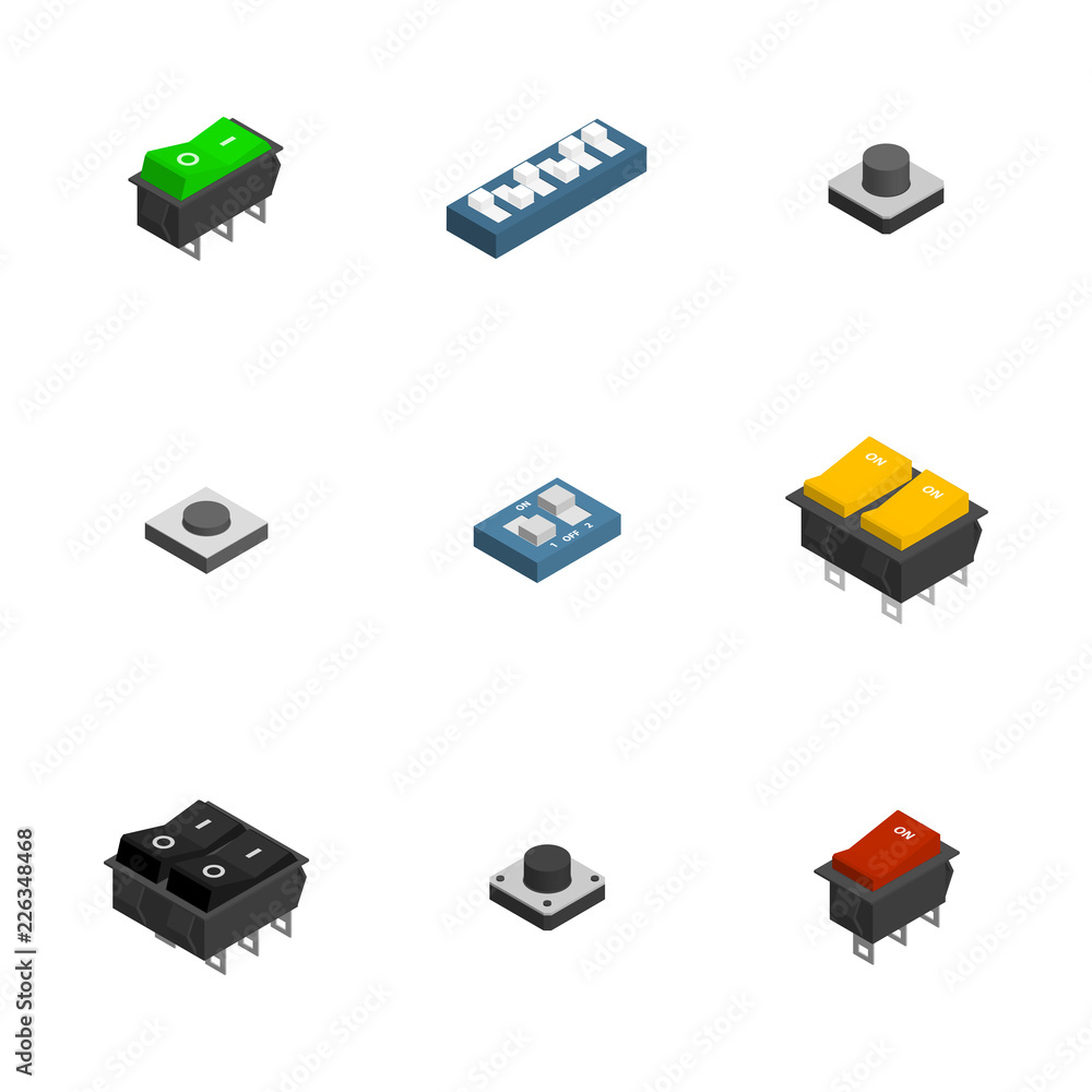 Set of different electrical buttons and switches in 3d, vector ...