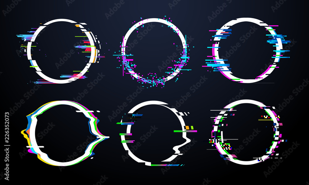Glitch circle frame. Tv distorted signal chaos, glitched ring light ...