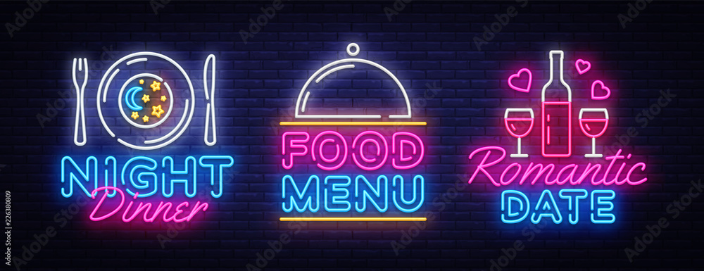 Food night set neon sing, label and logo. Romantic Dinner banner Design ...