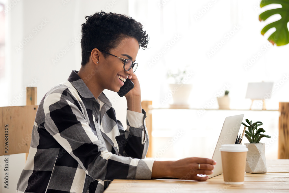 Side view smiling african business woman or student with eyeglasses ...