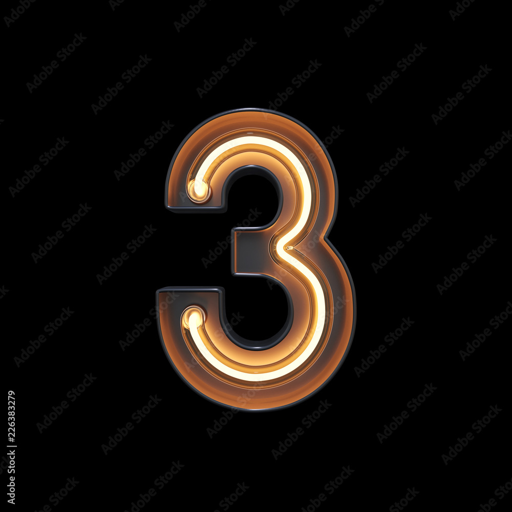 Number 3, Alphabet made from Neon Light with clipping path. 3D ...