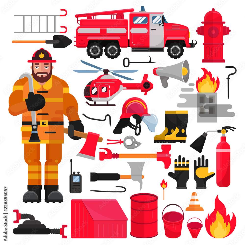 Firefighter vector firefighting equipment firehose hydrant and fire ...