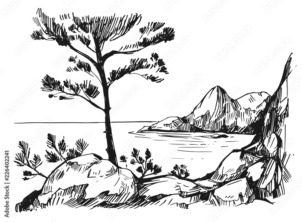 Sketch with sea, rocks and pine-tree. Hand drawn illustration converted ...