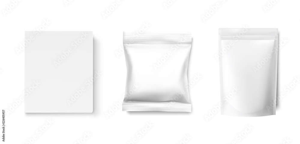 Set of white blank pouch packs and box mockup. Vector illustration ...