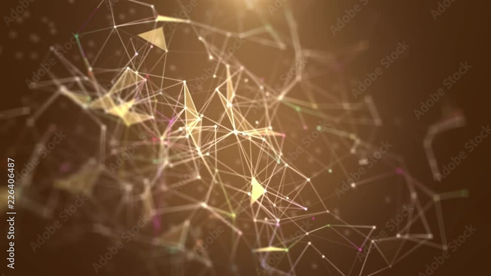 Plexus of abstract orange geometrical lines with moving triangles and dots on a black background ...