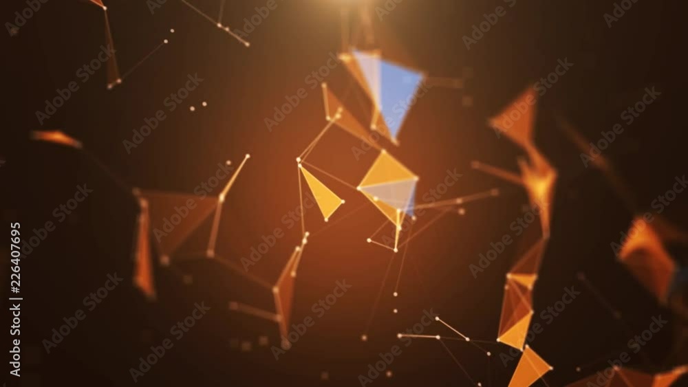 Plexus of abstract orange and blue geometrical lines with moving triangles and dots on a black ...
