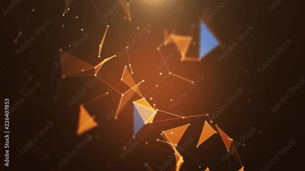 Stockvideon Plexus of abstract orange and blue geometrical lines with moving triangles and dots ...