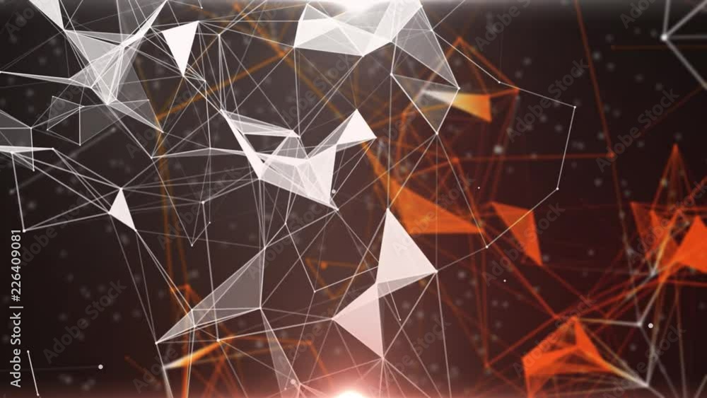 Plexus of abstract orange and white geometrical lines with moving triangles and dots on a black ...