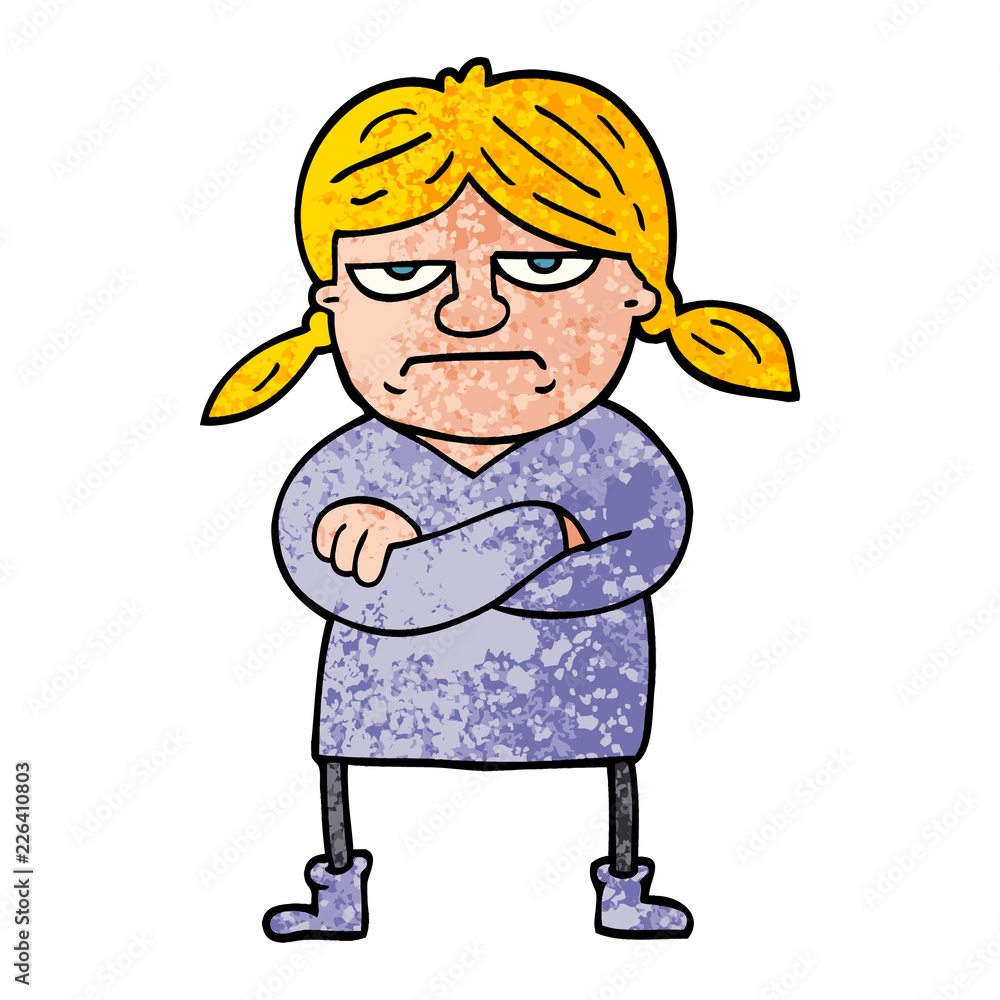 grunge textured illustration cartoon grumpy girl Stock Vector | Adobe Stock