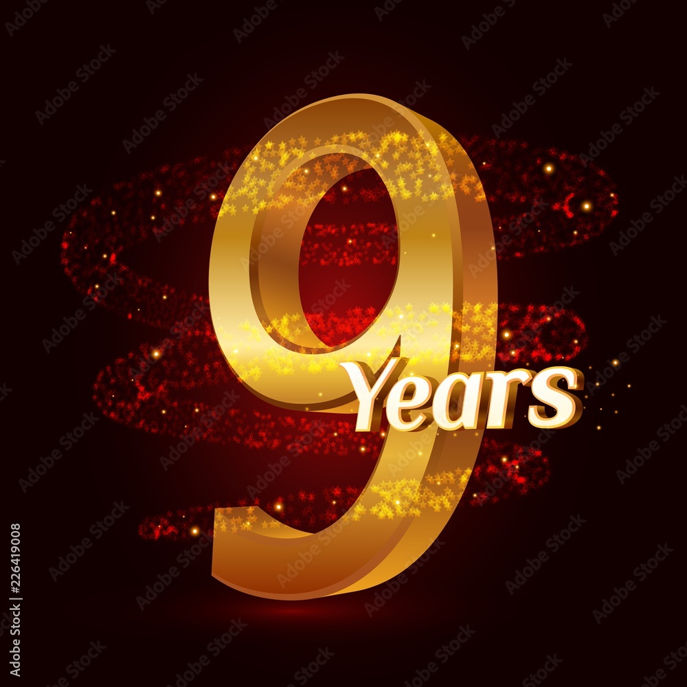 9 years golden anniversary 3d logo celebration with Gold glittering ...