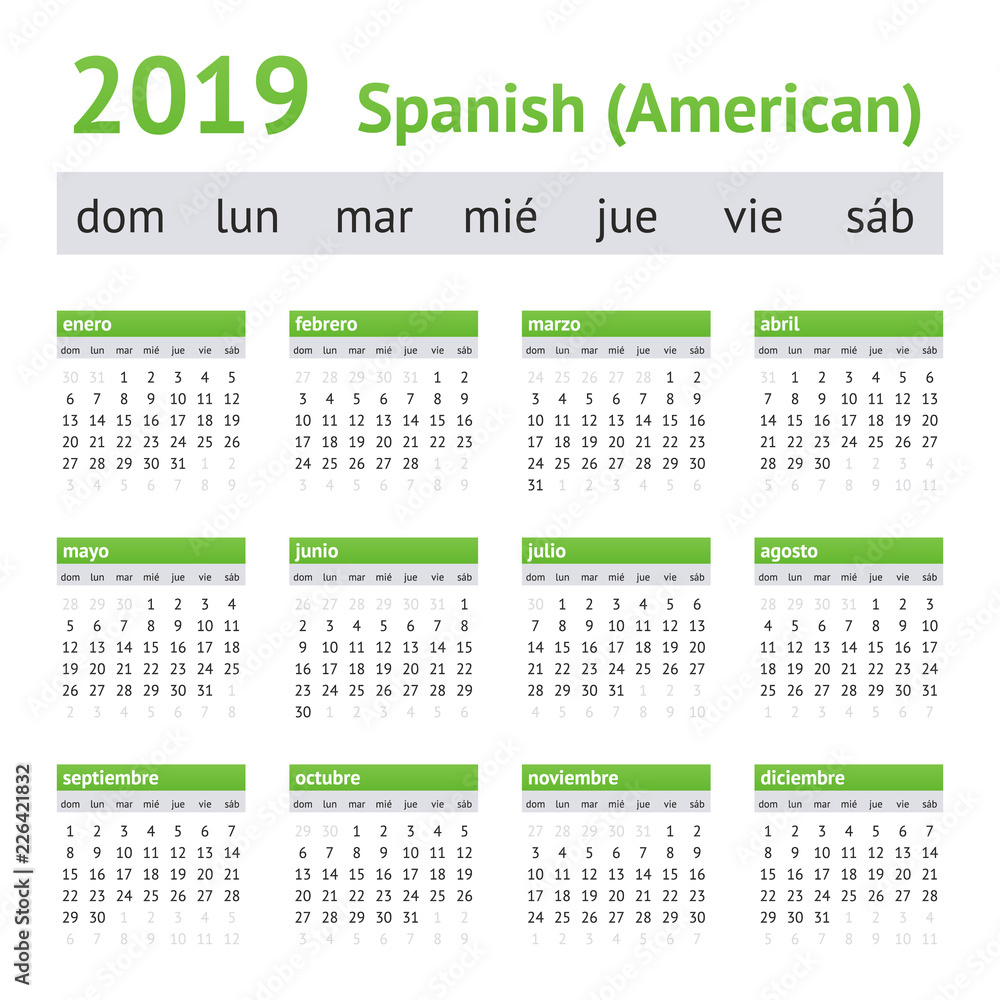 2019 Spanish American Calendar. A week starts on Sunday Stock Vector ...